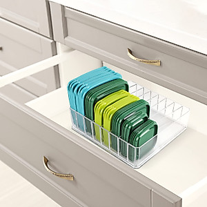 Bawuie Lid Organizer for Food Storage Container, Plastic Lid Holder with 7 Adjustable Dividers for Kitchen Pantry Cabinet and Drawer, Countertop Cupboard Lid Organization, Medium, Clear