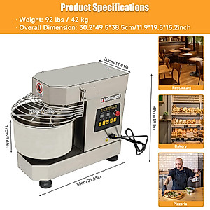 Commercial Food Mixer, 10.5Qt Capacity, 750W Dual Rotating Dough Kneading Machine with Food-grade Stainless Steel Bowl, Security Shield & Timer Included, Baking Equipment for Restaurant (Silver)