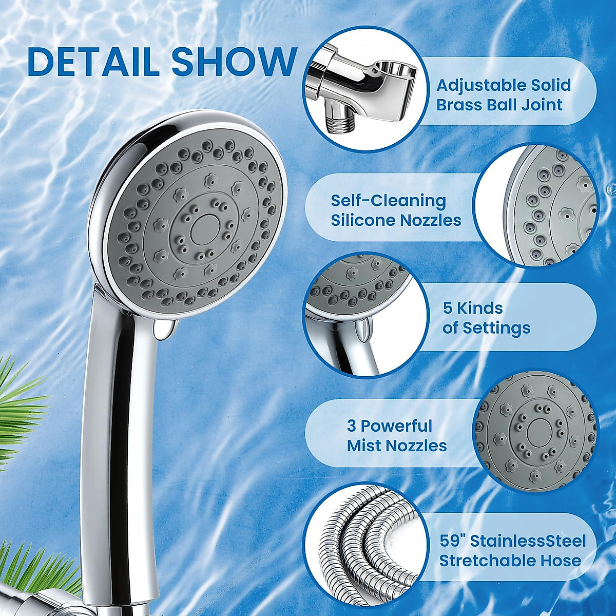 Shower Head, Axioblis 5 Function High Pressure Handheld ShowerHead with Shower Hose and Adjustable Bracket, Velynda