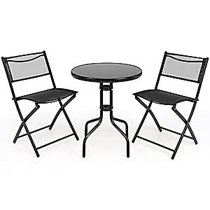 Custpromo Patio Bistro Set, Reinforced Glass Top and Rust-Proof Steel Frame, 3 Piece Foldable Garden Table and Chairs, Black