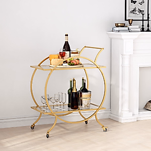 LORMITER Gold Bar Carts for The Home Bar Serving Cart, Rolling Bar Cart Gold with Lockable Caster Wheels, Glass Bar Carts with 2 Mirrored Shelves, Storage Round Wine Carts for Kitchen, Party