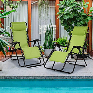 Goplus Zero Gravity Lounge Chairs, 160°Adjustable Folding Recliner w/Pillow and Cup Holder, 350LBS Comfy Outdoor Lounge Chairs for Patio, Lawn, Yard & Camp(1, Green)