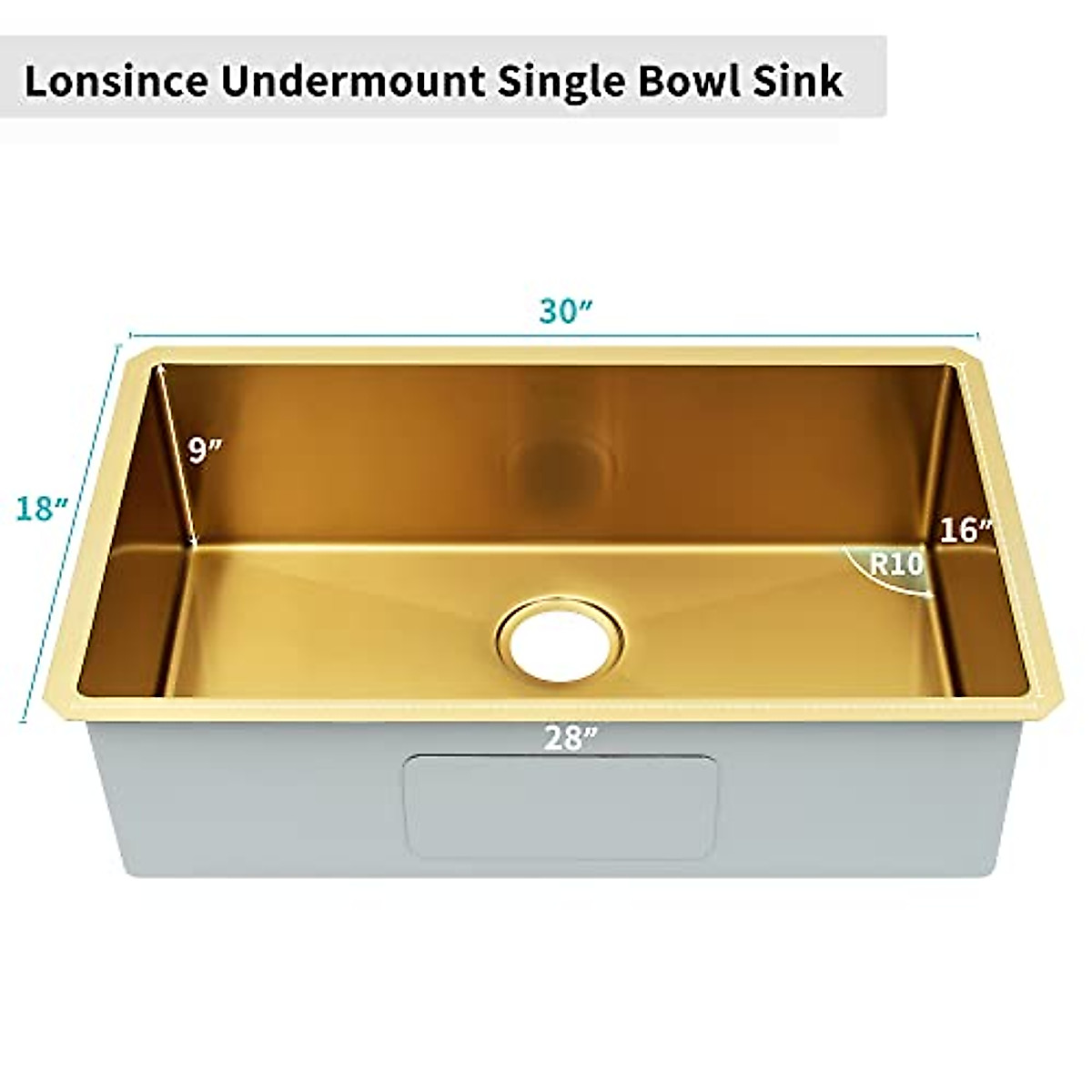 Lonsince Undermount Kitchen Sink 30 X 18 inch,Single Bowl Kitchen Sink Undermount,Gold Kitchen Sink,Undermount Stainless Steel Kitchen Sink
