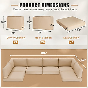 Oakmont Outdoor Replacement Cushions for Patio Furniture,Water-Resistant Cushions for Patio Conversation Set,14-Piece Cushions for 6-seat Outdoor Sectional Sofa(Light Brown)