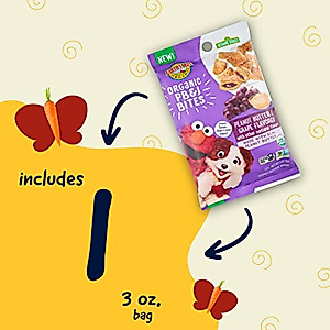 Earth's Best Organic Kids Snacks, Sesame Street Toddler Snacks, Organic PB&J Bites for Toddlers 2 Years and Older, Peanut Butter and Grape Flavored with Other Natural Flavors, 3 oz Bag