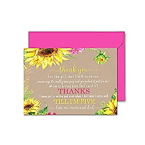Sunflower Baby Thank You Cards, 15 Pack – Cute Baby Shower Notes with Envelopes Set, Prefilled Message, Customizable and Personalize Blank Stationery Rustic Floral, New Parents Gift Ideas