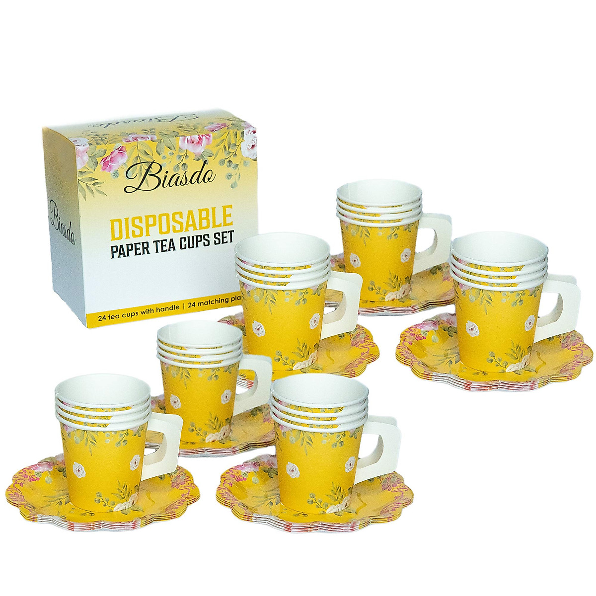 2 x 24 PACK Biasdo Paper Tea Party Decorations, 24 Drink Cups with Handles and Matching Dessert Saucer Plates for Baby and Bridal Shower Decor, Birthday Party, Event Hosting, Bright Yellow