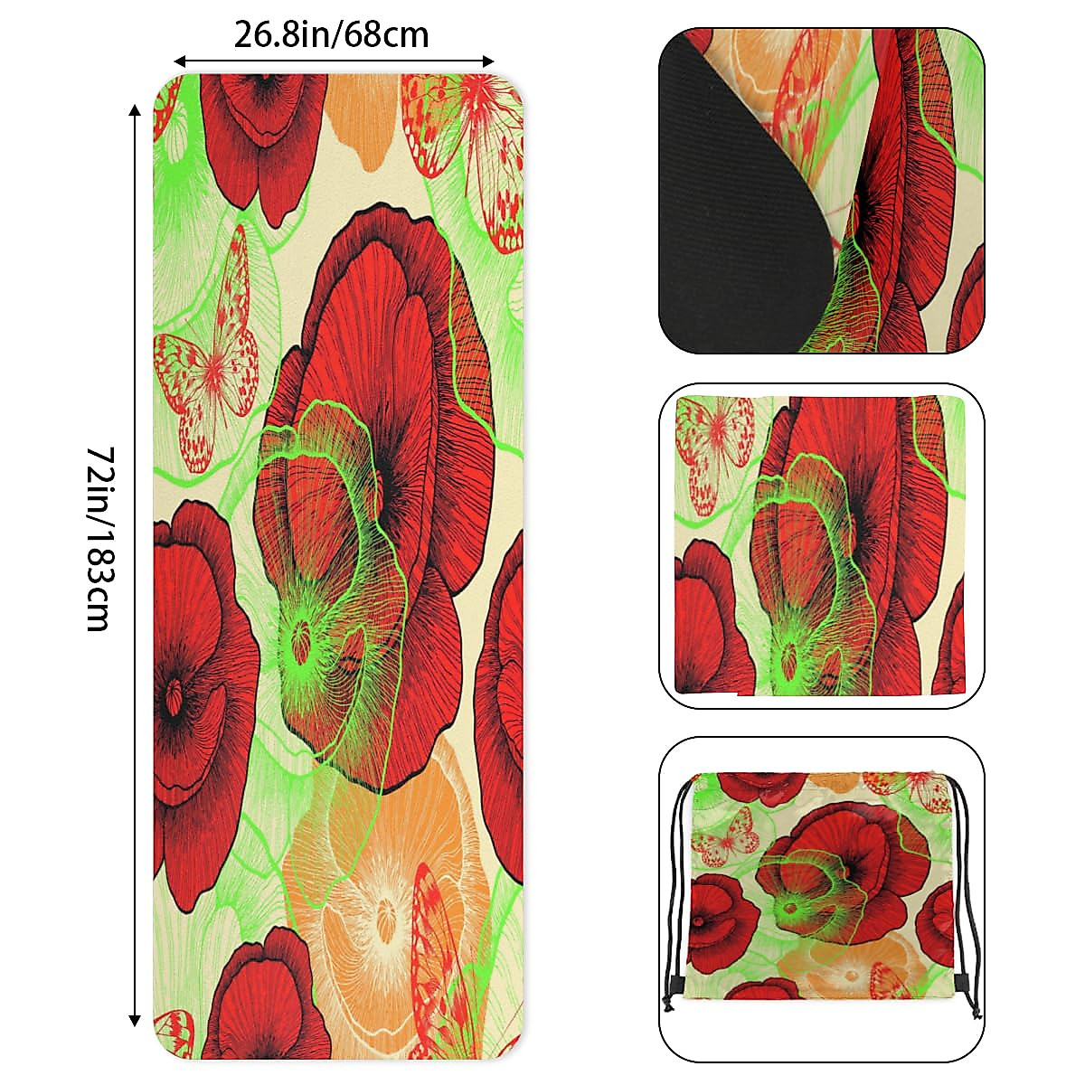 Retro Poppy Yoga Mat Folding Travel Fitness & Exercise Mat with Carrying Bag Non-Slip Lightweight Travel Yoga Mat for Women Pilates 72"L × 26.8” W × 2 Mm Thick