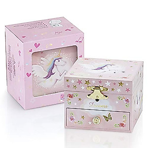 RR ROUND RICH DESIGN Kids Musical Jewelry Box for Girls with Drawer and Jewelry Set with Mysterious Unicorn - Over the Waves Tune Pink