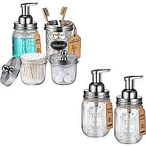 Amolliar 4PCS & 2pcs Brushed Nickel Mason Jar Bathroom Accessories Set-3pcs Foaming Soap Dispenser & 2pcs Cotton Swab Holder &1pcs Toothbrush Holder,Waterproof Stickers,Rustic Farmhouse Decor