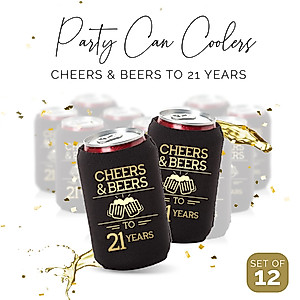 Cheers & Beers to 21 Years Can Coolers 21st Birthday Party Coolies, Set of 12, Black and Gold Can Coolers, Perfect for Birthday Parties, Birthday Decorations