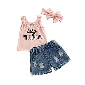 Toddler Baby Girls Summer Clothes Short Sleeve T Shirts Denim Distressed Shorts 2Pcs Outfit 1T 2T 3T 4T 5T 6T Kids Set (A1 White, 1-2T)