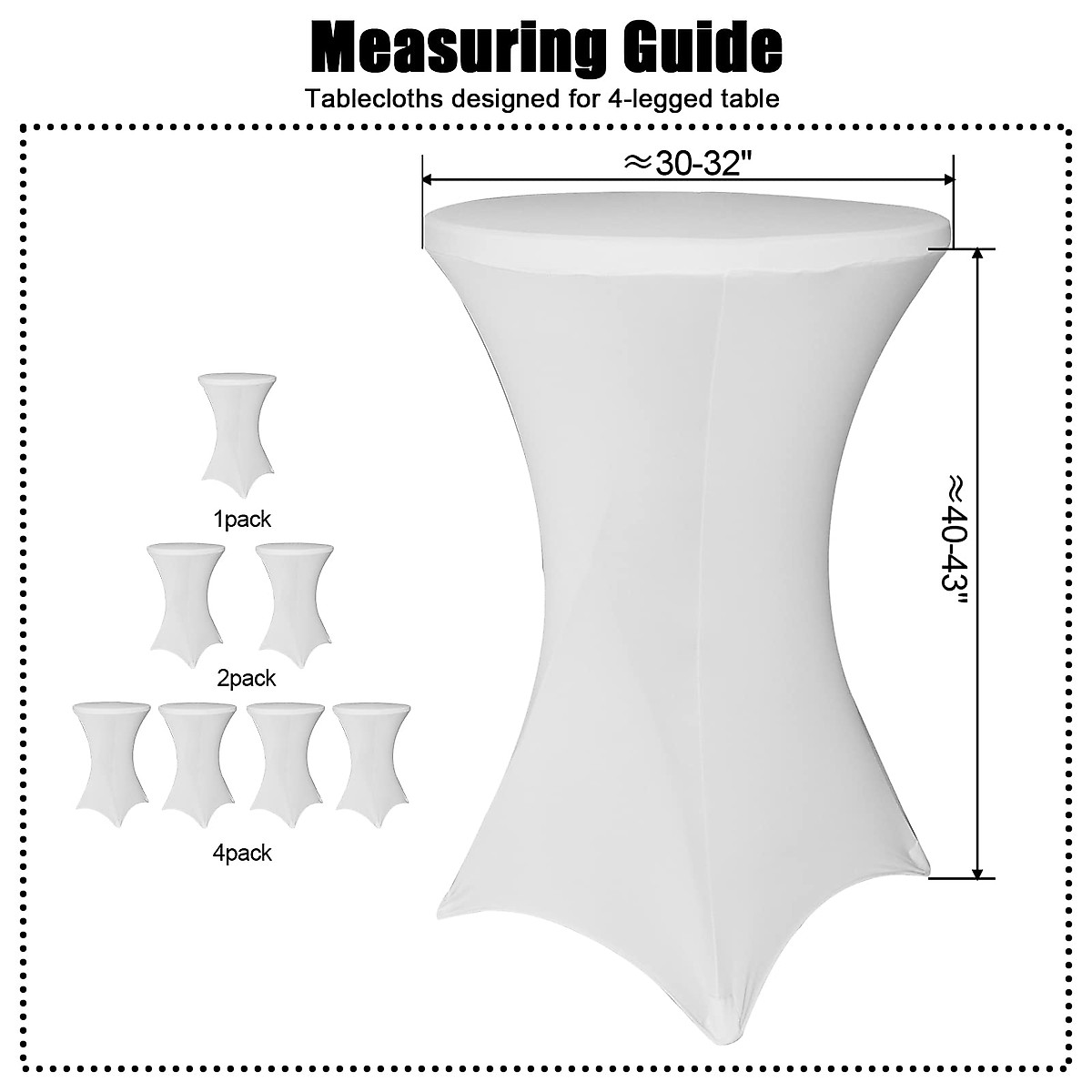SUNTQ 4 Pack Spandex Table Covers, Cocktail Fitted Tablecloths, Round Highboy Stretch Table Cloths for Party, Wedding, Birthday, Banquet, Vendors,Bistro Table,White,32x43 Height