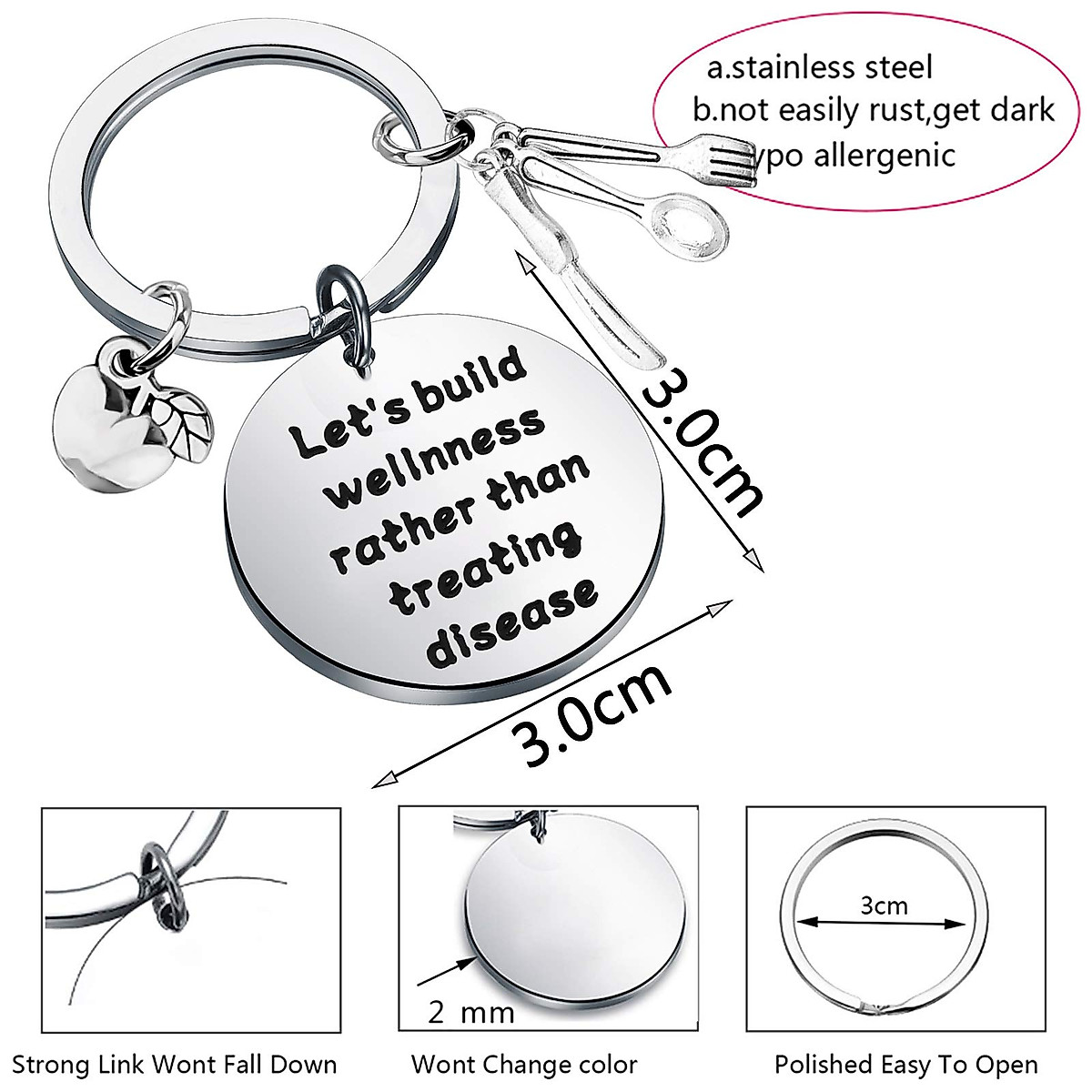 TGBJE Nutritionist Gift Keychain - 'Let's Build Wellness' Stainless Steel Keychain, Perfect for Dietitians, Nutrition Graduates & RDNs - Silver, Unisex, 3.0x3.0cm - Includes Velvet Pouch