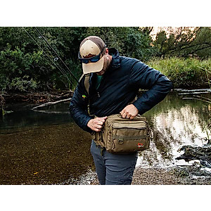 Piscifun Fishing Tackle Bag with Rod & Gear Holder, Lightweight Sling Tackle Storage Bag, Water-Resistant Cross Body Sling Bag with D-Rings and Waist Strap, Khaki