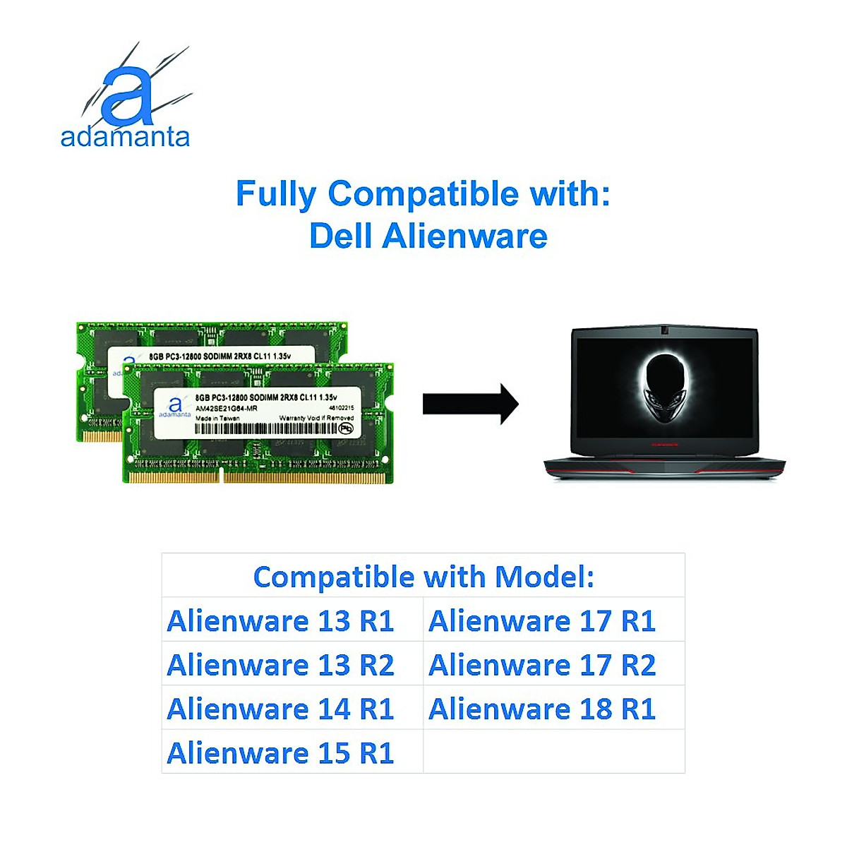 Adamanta 16GB (2x8GB) Compatible for Dell Latitude E6530, E6430, E6430s, 6430u, E6330, E6230, E5530, E5430, 3330 DDR3L 1600Mhz PC3L-12800 SODIMM Notebook Laptop Memory RAM Upgrade SNPN2M64C/8G