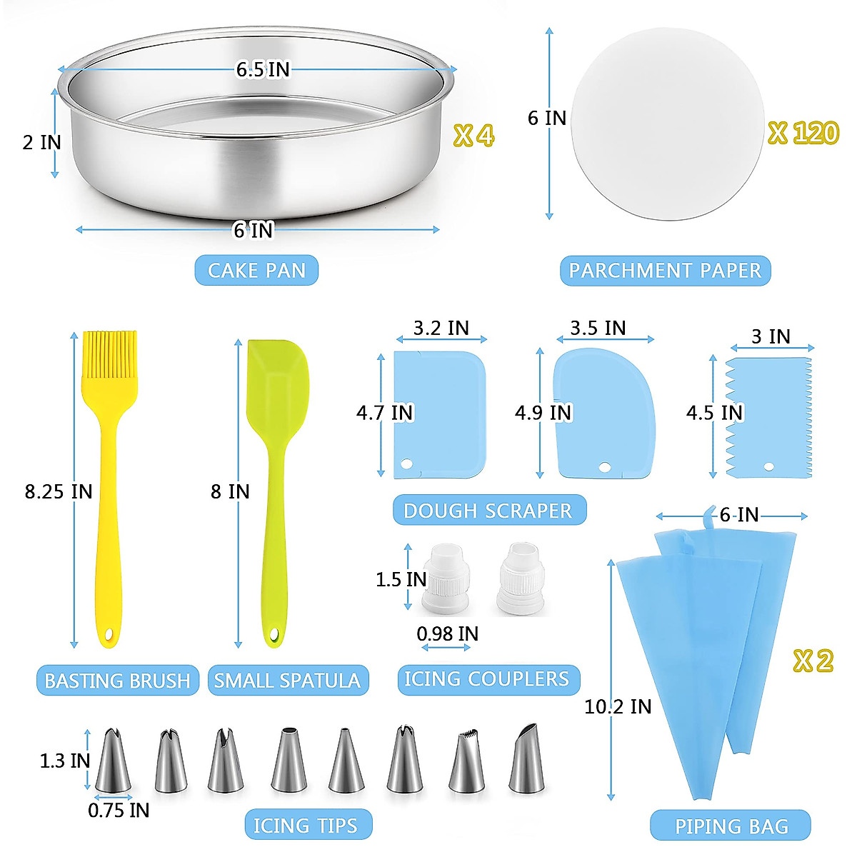 E-far 6 Inch Cake Pans Set of 4, Stainless Steel Round Baking Cake Pan Tins with Decorating Supplie Including Parchment Paper Icing Tips Spatula Scrapper, Non-toxic & Healthy, Dishwasher Safe