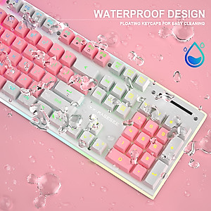MageGee Wireless Gaming Keyboard, Rechargeable RGB LED Backlit Quiet Keyboard with Sidelight & Metal Panel, V510 2.4G Wireless Ergonomic Waterproof Office Keyboard, White and Pink