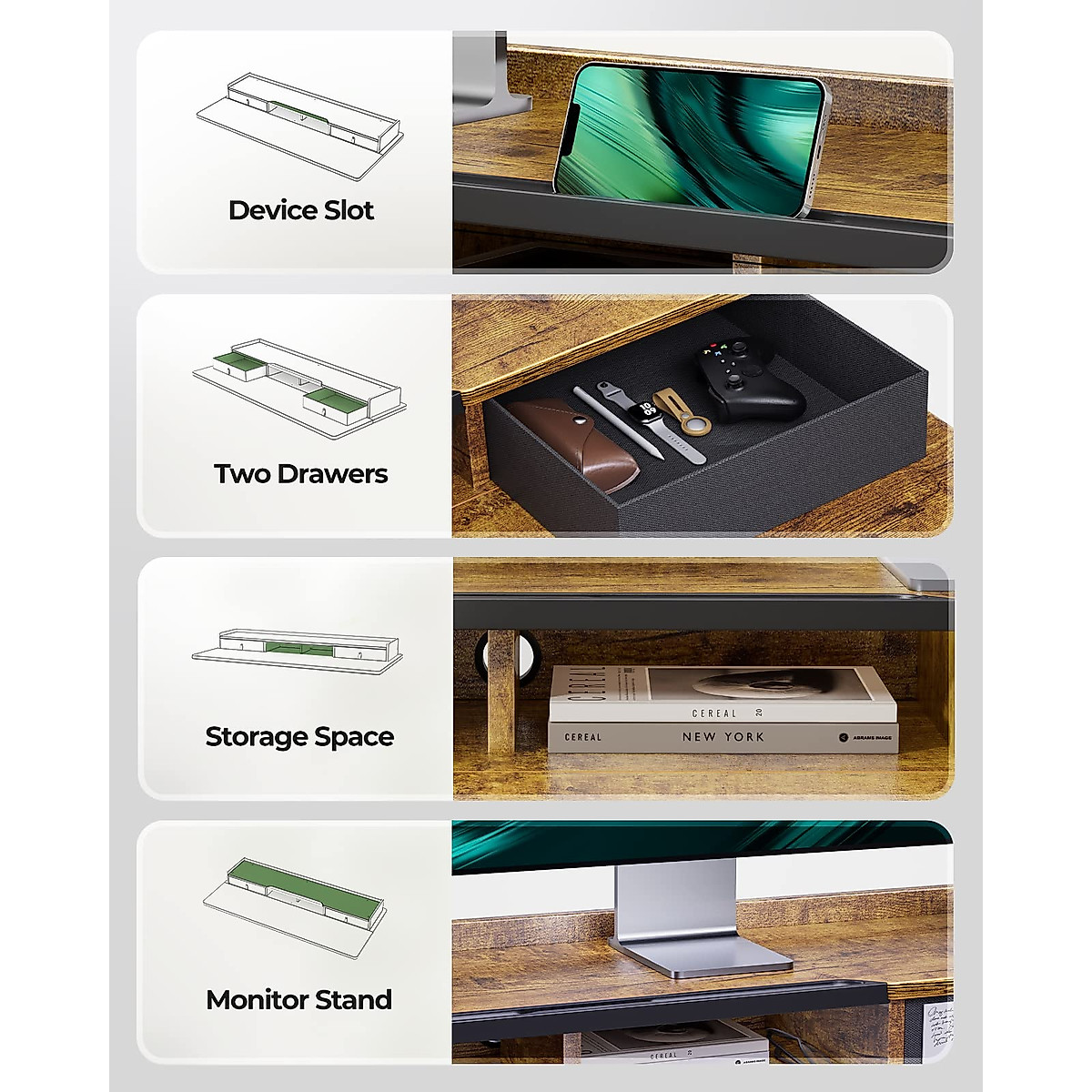 Marsail Electric Standing Desk with Dual Drawers, 55 x 24 Inches Height Adjustable Desk with Storage Shelf, Sit Stand Desk with 4 Memory Preset, 2 Hooks, Stand Up Desk for Home Office, Rustic Brown