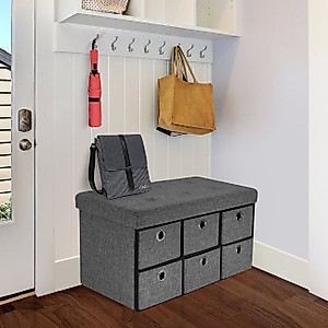 Sorbus Storage Bench Chest with Drawers – Collapsible Folding Bench Ottoman Includes Cover – Perfect for Entryway, Bedroom Bench, Cubby Drawer Footstool, Hope Chest, Faux Linen (Gray)