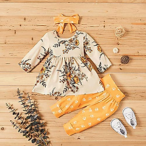 Yoveme Toddler Girl Clothes Baby Girl Outfit Sweet Floral Ruffle Long SleeveTop and Floral Pants 3PC Fall Clothes Set(2-3T)