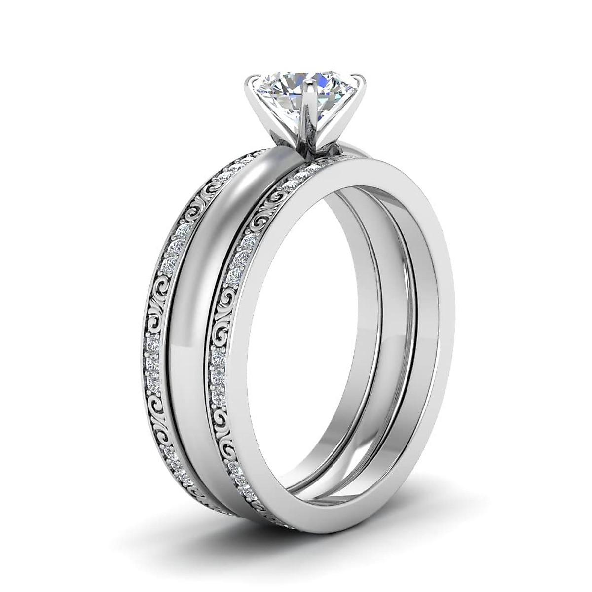 Jewelryonclick 3 Piece Diamond Bridal Set with Filigree Sterling Silver Created Cubic Zircon Round Shape White Color Trio Wedding Ring Sets Prong Setting in Size 9 Fashion Jewelry