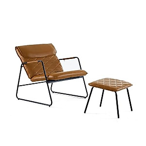 Penifun Accent Chair and Ottoman Set, PU Leather Upholstered Comfy Side Leisure Lounge Armchair with Metal Frame & Lattice Back, Footstool for Living Room, Orange