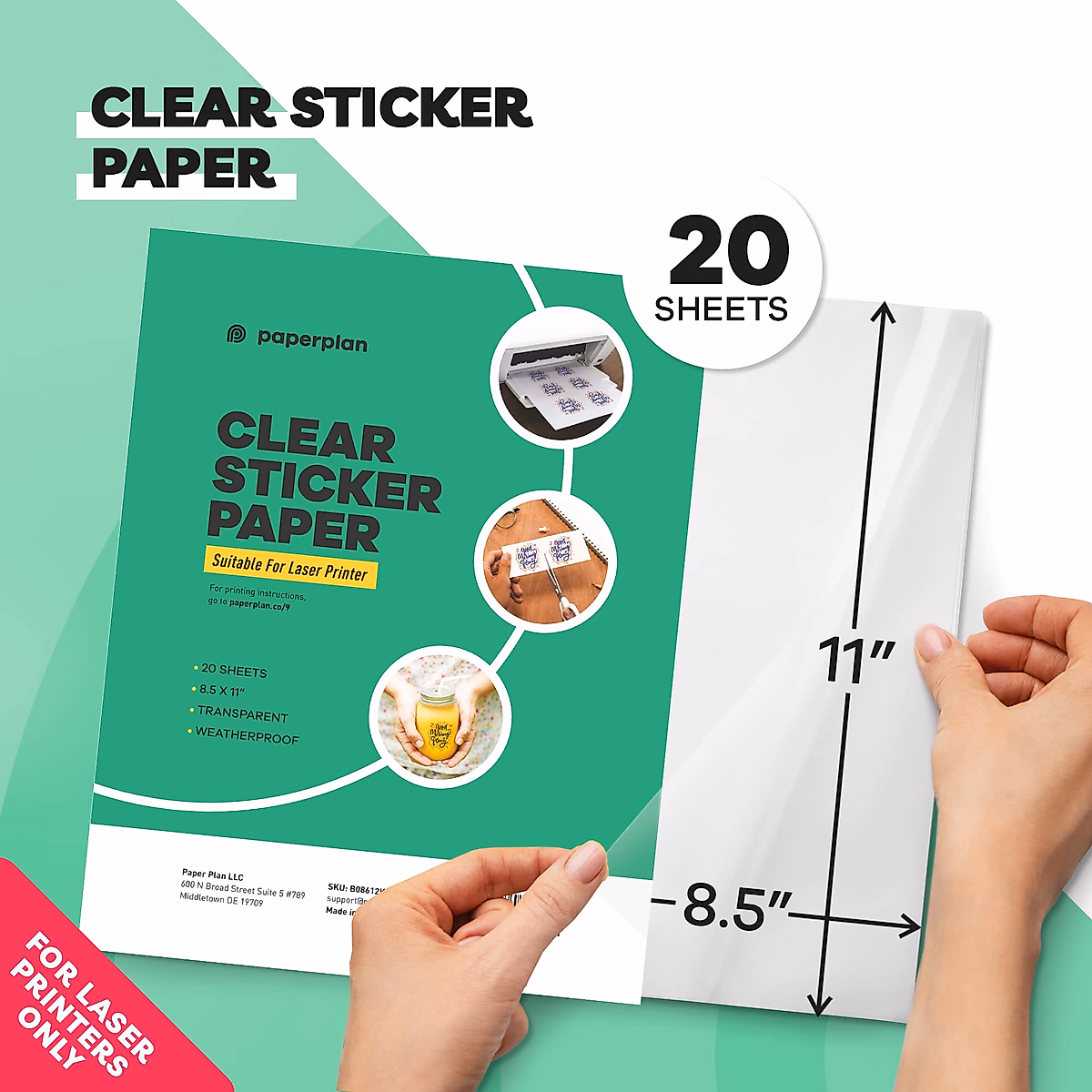 Clear Sticker Paper for Laser Printer - (20 Sheets), 8.5 x 11" Letter Size, Glossy Vinyl Sticker Paper - Perfect for Crafting and Vibrant Designs