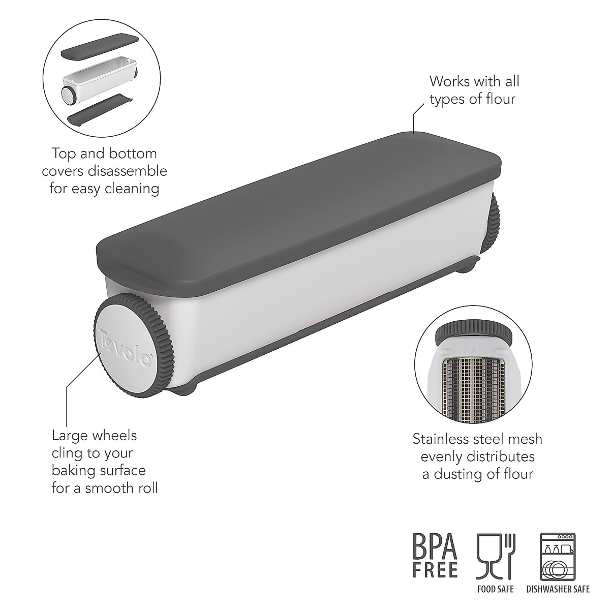 Tovolo Rolling Duster Easy-to-Use Sifter & Spreader, Spreader Baking Accessory for Bread Making & Cookie Cutting, Alternative Flour Sifter & Duster, Medium, Charcoal