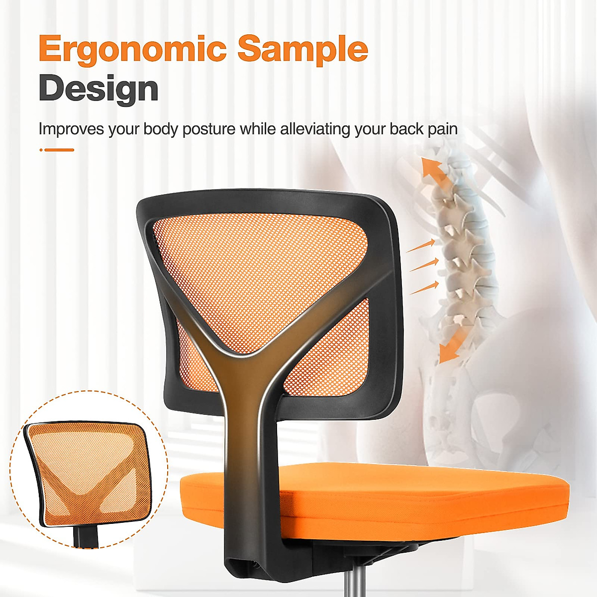 Armless Small Home Office Desk Chair, Ergonomic Low Back Computer Chair, Adjustable Rolling Swivel Task Chair with Lumbar Support for Small Space, 1 Pack, Orange