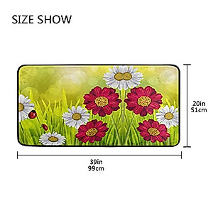 White and Red Daisy Floral Kitchen RugsCute Ladybugs Kitchen Mat Vibrant Cushioned Chef Soft Non-Slip Floor Mats Washable Doormat Bathroom Runner Area Rug Carpet