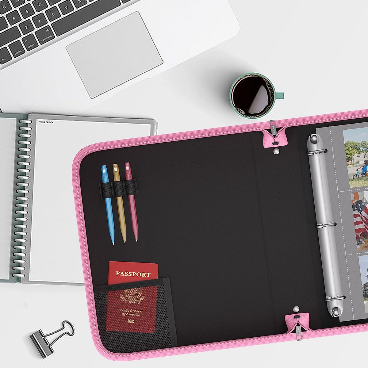 ZOOPIP Fireproof 3 Ring Binder with Zipper, 1.5 Inch D Rings Hold up 375 Sheets of 8.5" x 11" (A4), Compatible with Clear Page Protectors, Built-in Net and Pen Holder(Pink, 1 Pcs)