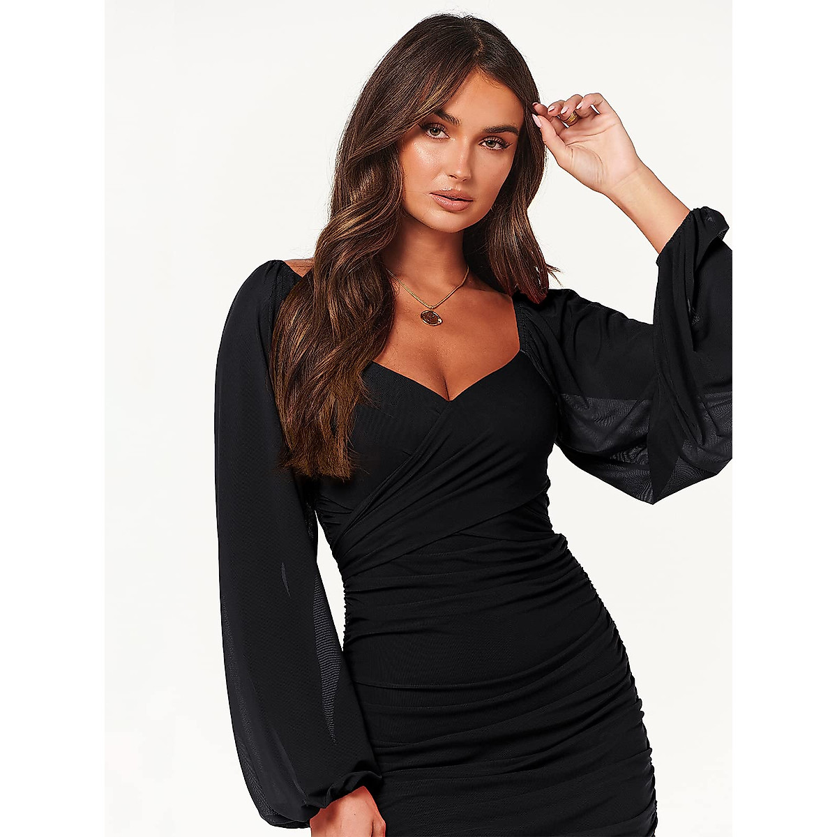 ANRABESS Women's Sexy V Neck Ruched Bodycon Mini Dress Puff Long Sleeve Cocktail Wedding Guest Formal Party Short Dresses Black Small