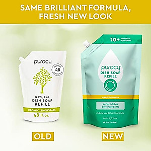 Puracy Natural Dish Soap Refill, Skin-Softening Plant-Based Liquid Dishwashing Detergent Soap, Clean-Rinsing Water-Sheeting Formula, (Organic Lemongrass 48 Oz)