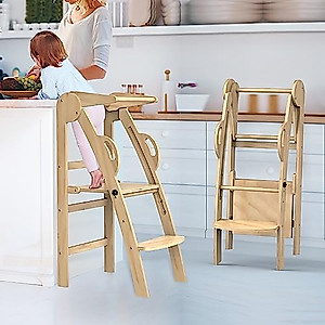 Toddler Step Stool, Folding Wooden Step Stool, Montessori Learning Tower, Kids Step Stool Toddler Tower, Kitchen Helper Stool for Toddlers, Toddler Tower Step Stool Kitchen Helper Standing Tower