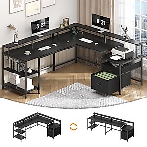 YOMILUVE L Shaped Desk with File Drawer and Storage Shelves, Reversible Computer Desk with Power Outlet for Home Office, Corner Gaming Desk with Full Monitor Stand