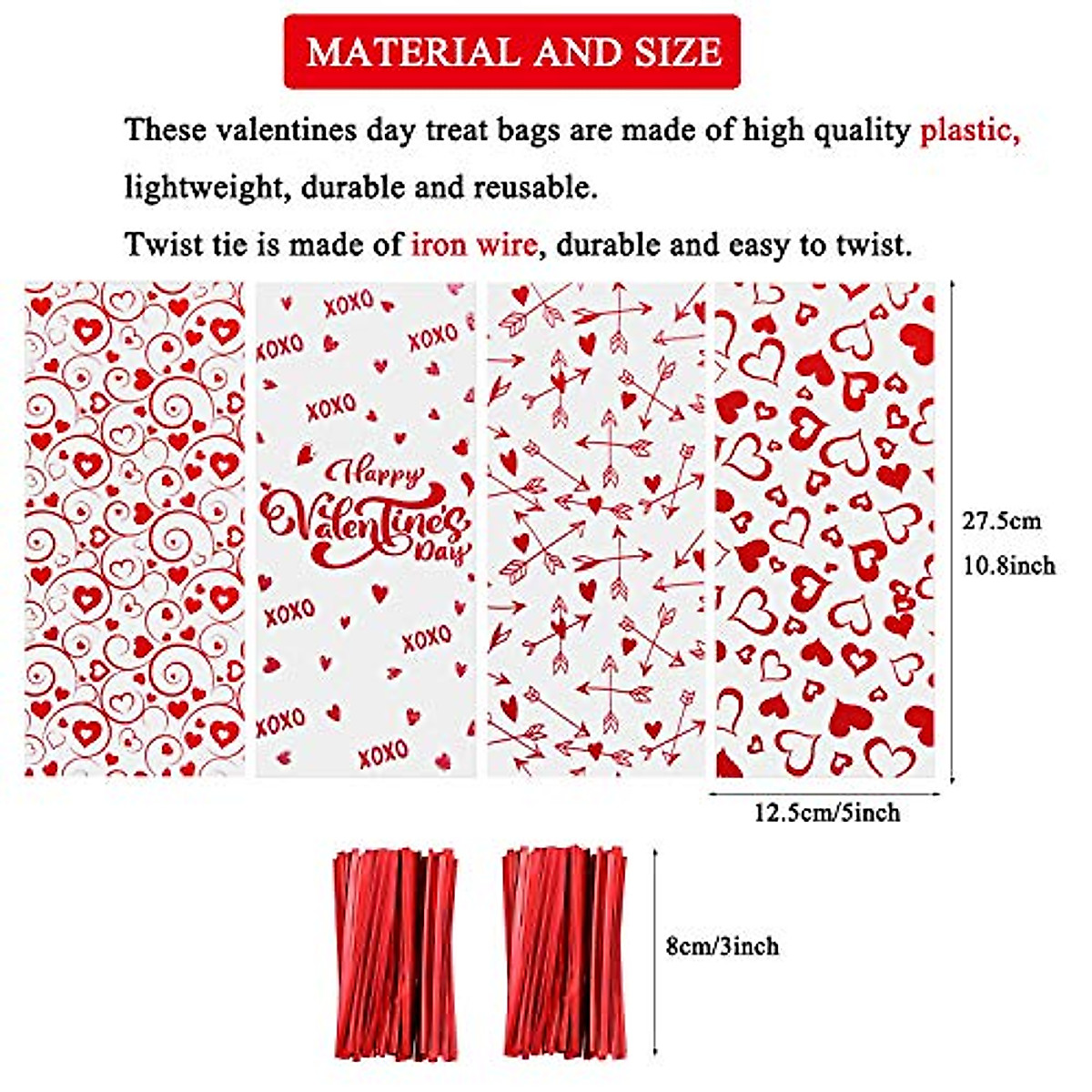JOZON 200 Pieces Valentine's Day Cellophane Candy Bags with Twist Ties 4 Styles Valentines Day Cellophane Treat Bags Cello Candy Bags Cookie Bags Goodie Bags for Valentines Party Favor Supplies