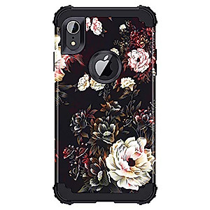 LONTECT for iPhone XR 2018 Case Floral 3 in 1 Heavy Duty Hybrid Sturdy High Impact Shockproof Rugged Durable Protective Cover Case for Apple iPhone XR 6.1, White Flower/Black