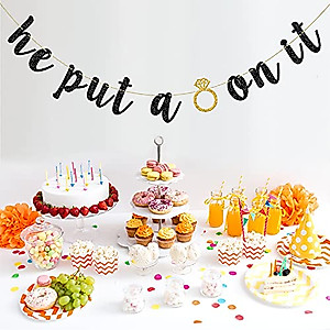 He Put A Ring On It Banner, Black Glitter Engagement Party Decoration Sign for Wedding, Bachelorette, Bridal Showers Party Supplies