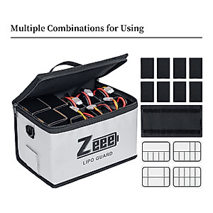 Zeee Lipo Safe Bag Battery Fireproof Bag Large Capacity Storage Guard Battery Safe Pouch for Storage Charging - 10 Cell Adjustable Battery Safe Bag(10.6x6.7x6.7in)