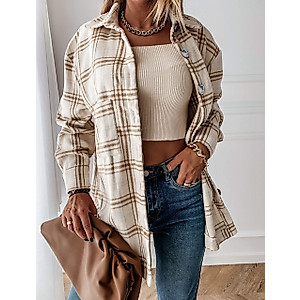 MISSACTIVER Women’s Flannel Plaid Shirts Oversized Long Sleeve Collared Boyfriend Plaid Blouse Shacket Top (Medium, Off-White)