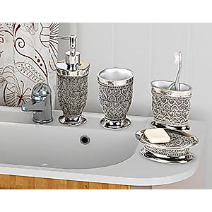 nu steel Beaded Heart Resin Bath Accessory Set for Vanity Countertops, 4 Piece Luxury Ensemble Includes Dish, Toothbrush Holder, Tumbler, soap an, Silver