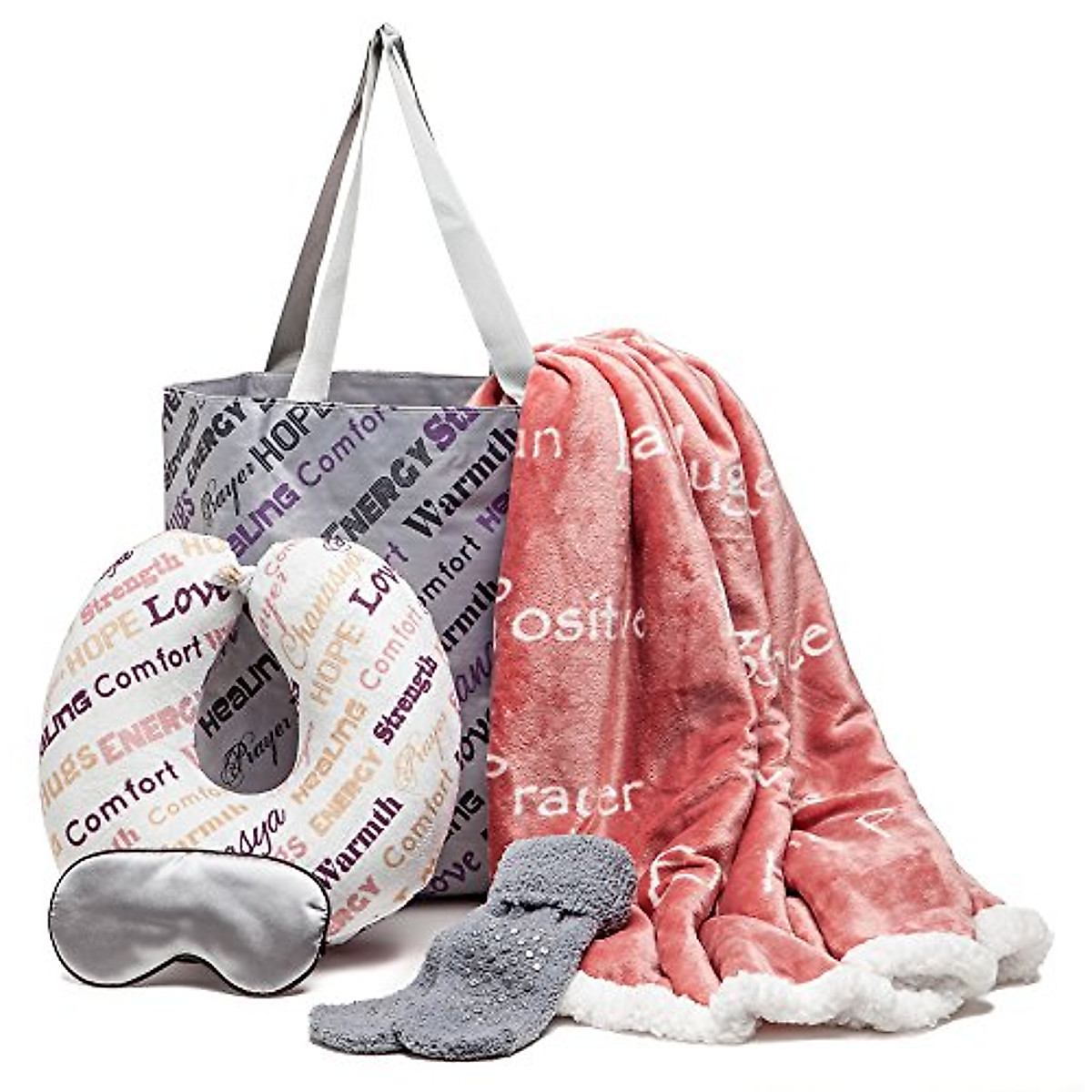 Chanasya and Healing Hugs Gift Throw Blanket Set - Sympathy, Warm Postive Thoughts, Courage and Strength - 5-Piece Combo Pack (Blanket, Neck Pillow, Eye Mask, Tote Bag and Socks) Rose Tan