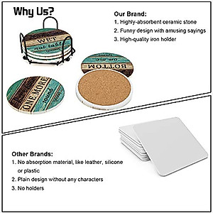 Ceramic Coasters for Drinks Absorbent, Esur Rustic Farmhouse Stone Coaster Set of 6 with Metal Holder for Wooden Table Protection, Funny Style for Bar Home Decor, Housewarming Gift