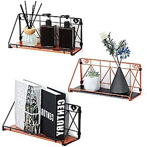 Lightique Floating Shelves Wall Shelves Set of 3, Shelves for Wall Decor Storage Rustic Hanging Shelves for Bedroom, Bathroom, Living Room, Kitchen, Office and More, Black with Orange