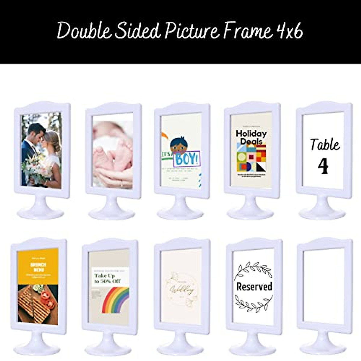 Litpoetic Double Sided Standing Picture Frames, 4x6 Picture Frame Bulk, Two Sided Plastic White Picture Holder Stand for Table Numbers, Wedding,Display (White, 20 Pack)