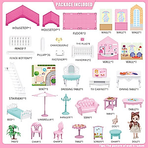 Mini Tudou Dollhouse for Girls, Doll House with Lights, Play Mat and Dolls, DIY Building Pretend Play House with Accessories Furniture and Household Items,Playhouse for Girls 3-12 (3 Rooms)