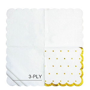 100 Pack White Scalloped Napkins with Gold Foil Edges and Dots for Wedding, Bridal, Baby Shower, Christening, any Occassion, Dinner Luncheon (3-Ply, 6.3 x 6.3 In)