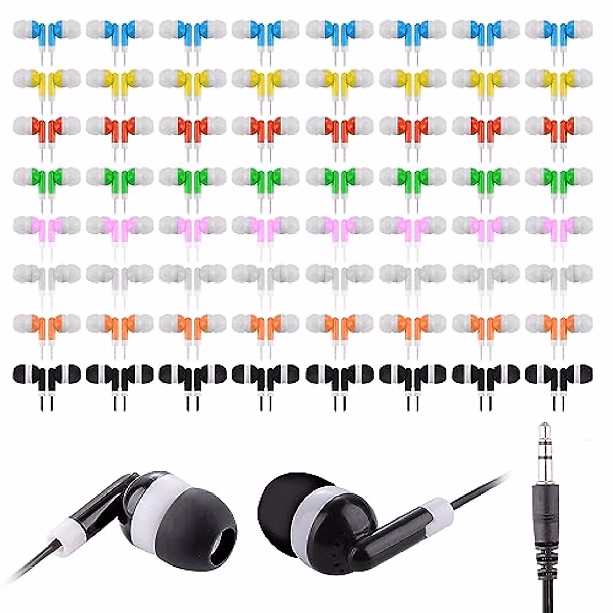 Ladont 50 Pack Bulk Kids Earbuds for Classroom, Student Wired Headphones in Ear Earbuds for School Librariy, 3.5mm Multi Colored Wholesale Earphones for Chromebook Laptop PC
