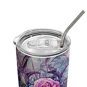 ORCAE 20oz Colorful Rose Flower, Crystal Stained Glass Style Flowers, Pink Purple Rose Tumbler Cup, Insulated Travel Mug with Lid, Coffee Thermos for Women, Gifts for Women - M